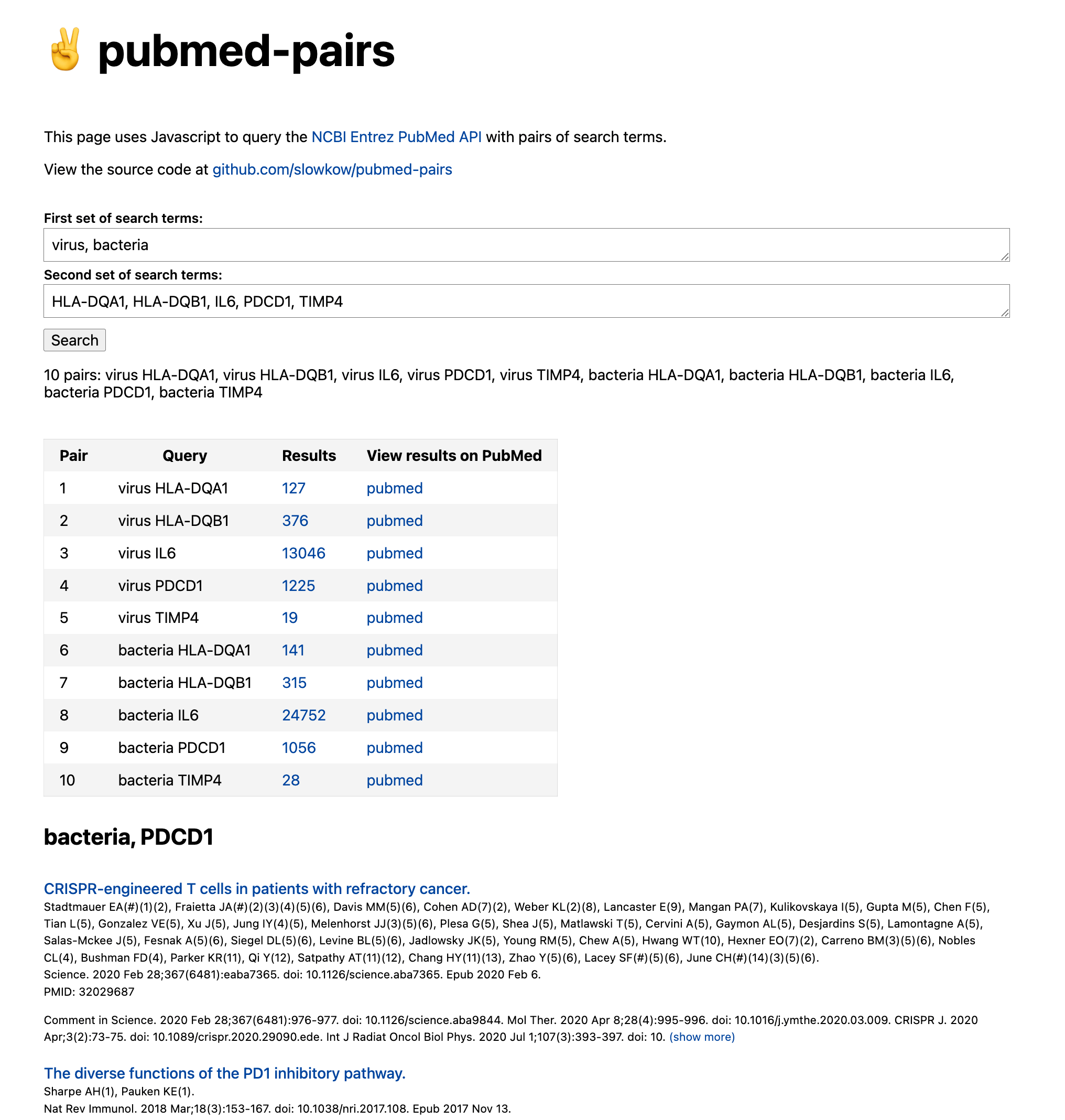 pubmed-pairs: Search PubMed for each pair of terms from two lists ...
